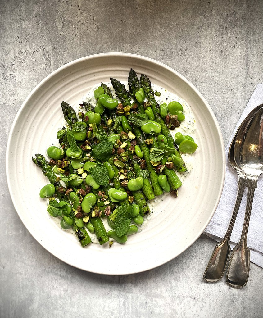 Charred Asparagus Salad with Broad Beans and Mint Yoghurt